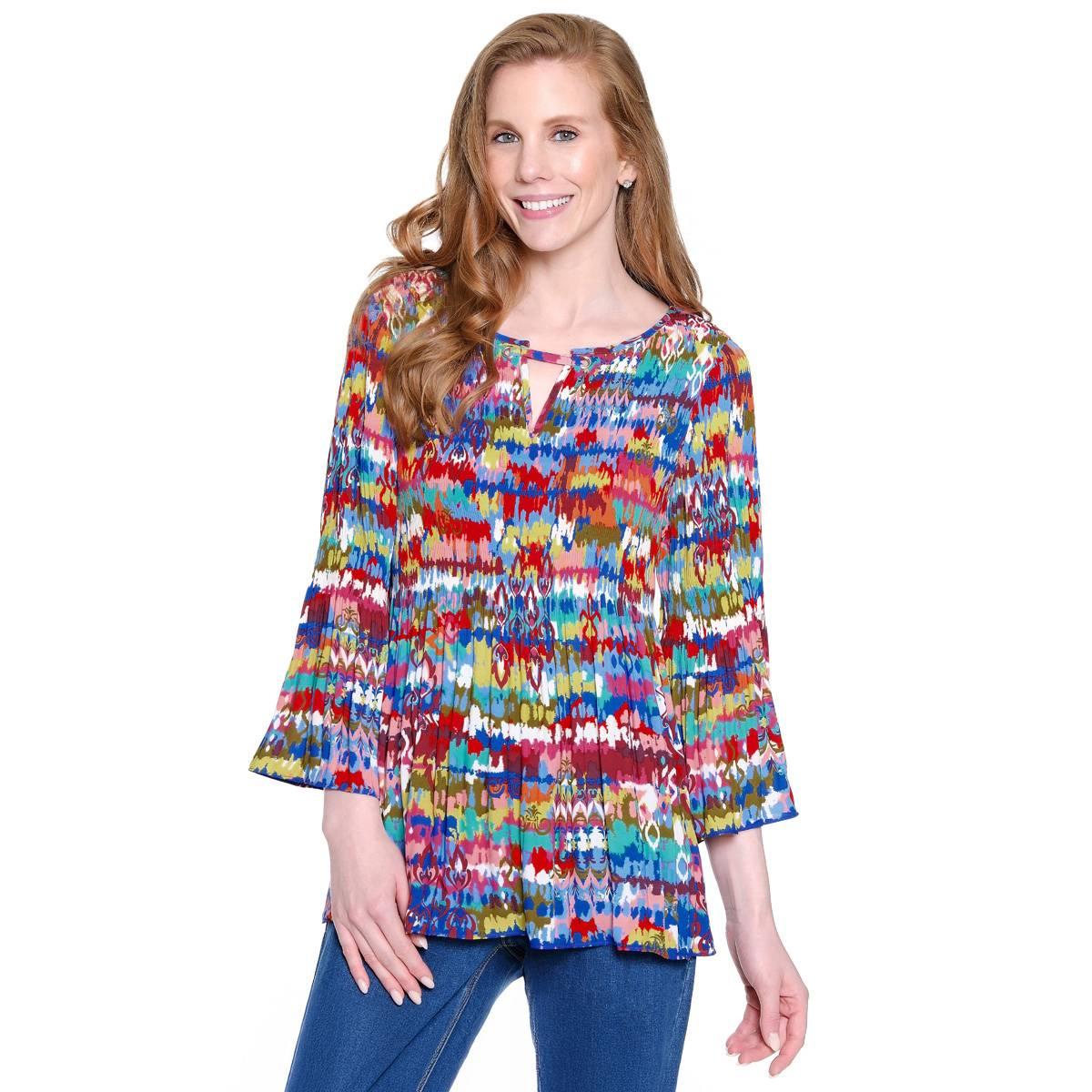 Click here for Womens Ali Miles 3/4 Sleeve Keyhole Neck Ikat Blou... prices