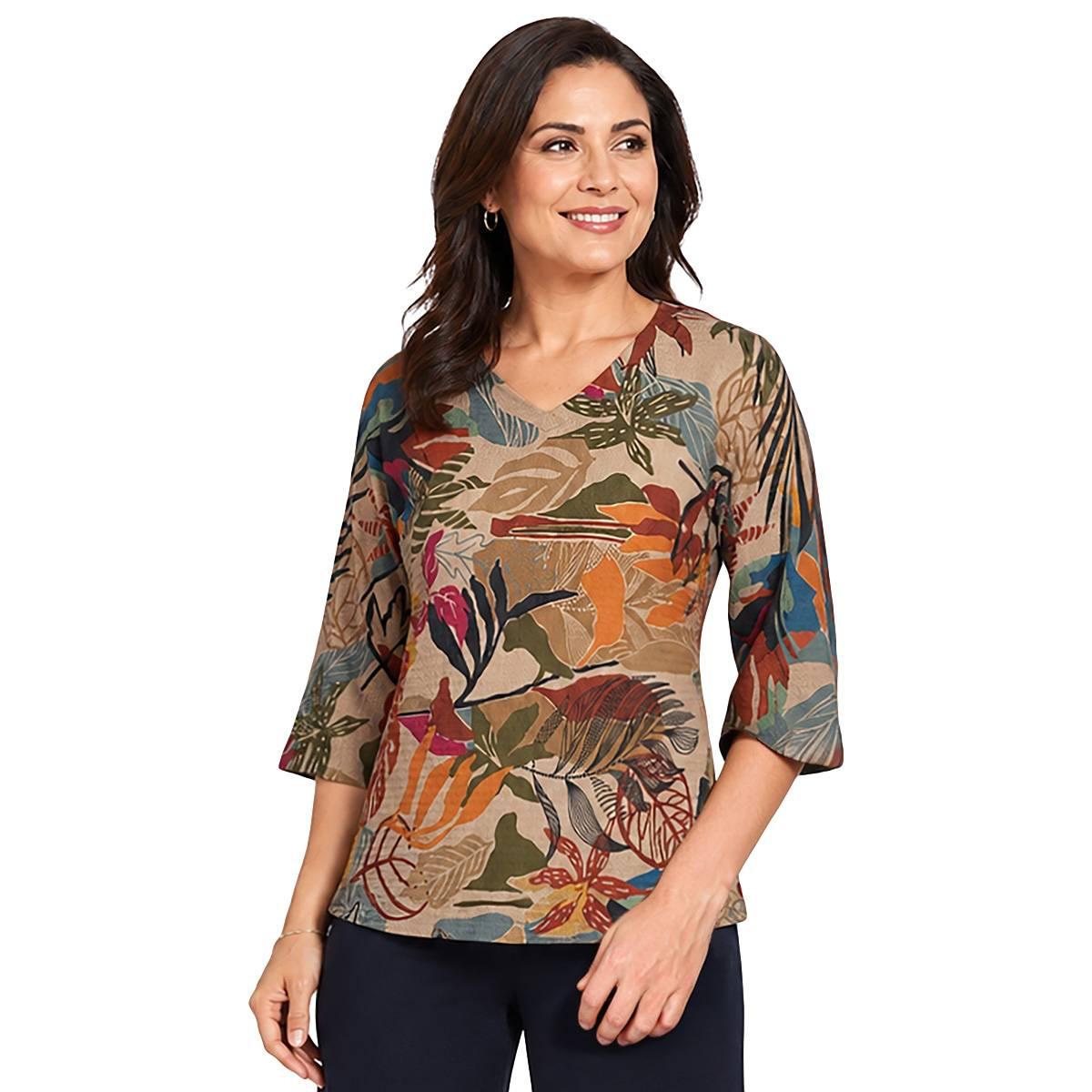 Click here for Womens Ali Miles 3/4 Sleeve V-Neck Leaf Blouse prices