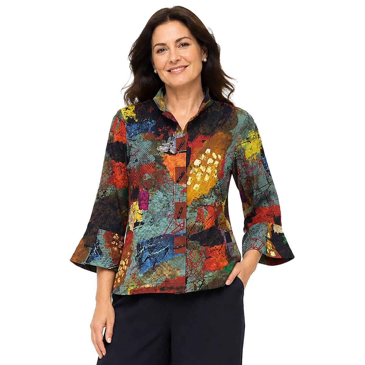 Click here for Plus Size Ali Miles 3/4 Flounce Sleeve Abstract Bl... prices