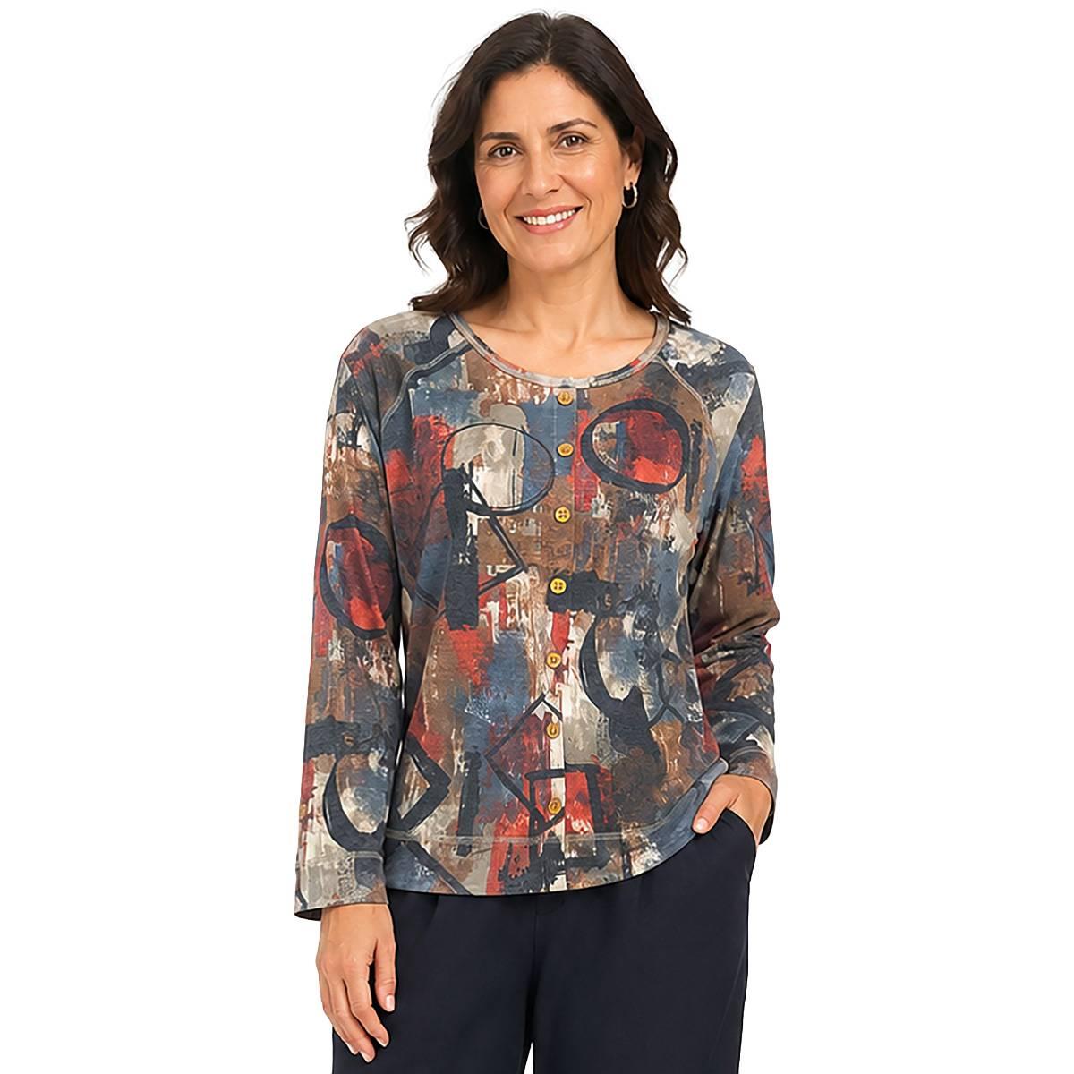 Click here for Petite Ali Miles Long Sleeve Abstract Circle Butto... prices