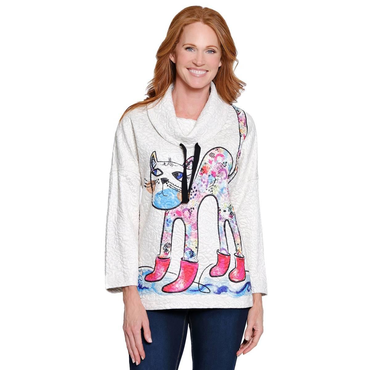 Click here for Womens Ali Miles Colorful Cat Cowl Neck Quilt Swea... prices