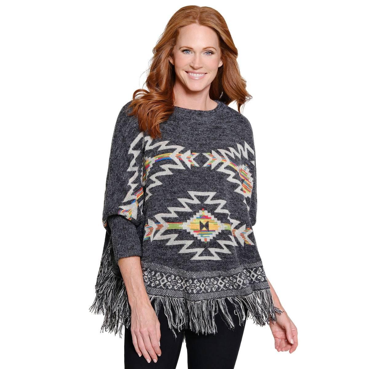 Click here for Womens Ali Miles Fringe Hem Aztec Poncho Sweater prices