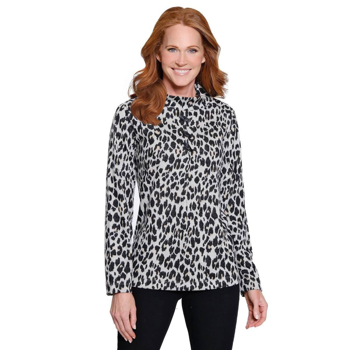 Click here for Womens Ali Miles Long Sleeve Mock Neck Leopard Blo... prices