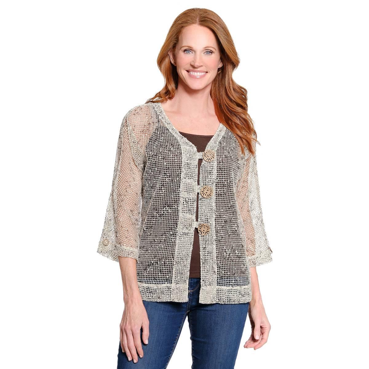Click here for Womens Ali Miles Woven Mesh Button Front Cardigan prices