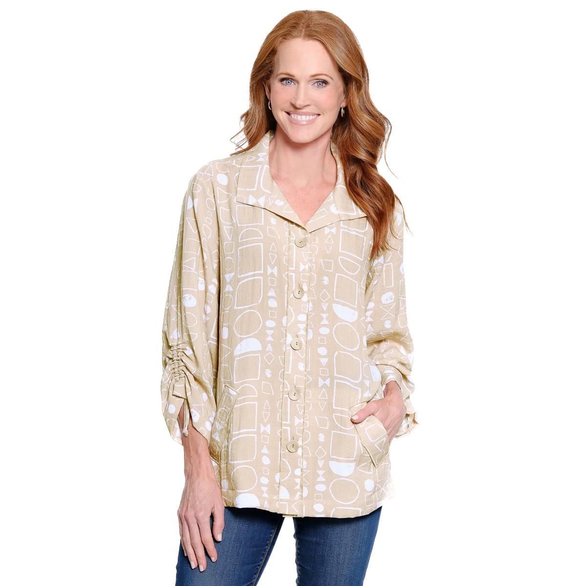 Click here for Petite Ali Miles 3/4 Ruched Sleeve Large Geometric... prices