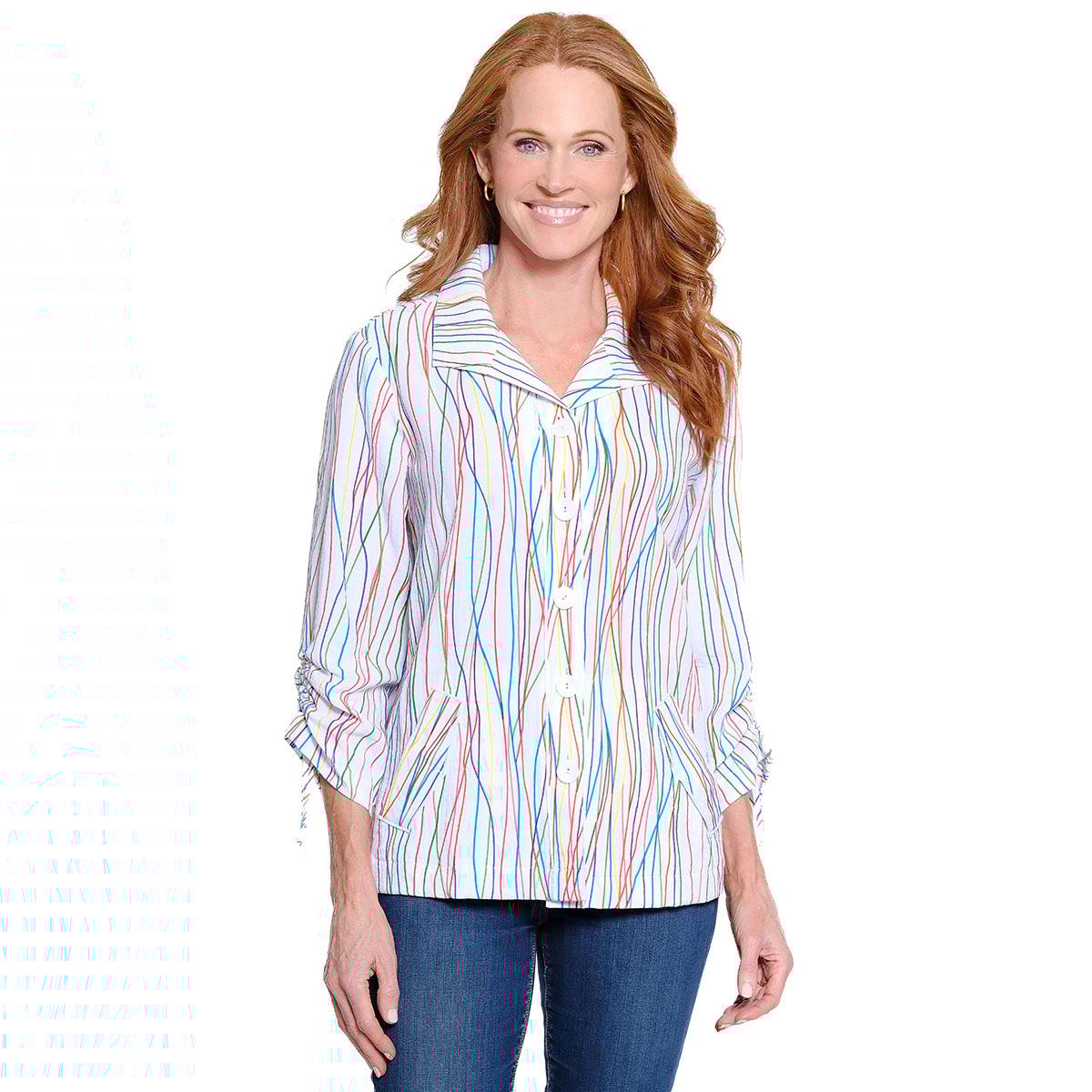 Click here for Womens Ali Miles 3/4 Sleeve Wavy Stripe Button Fro... prices