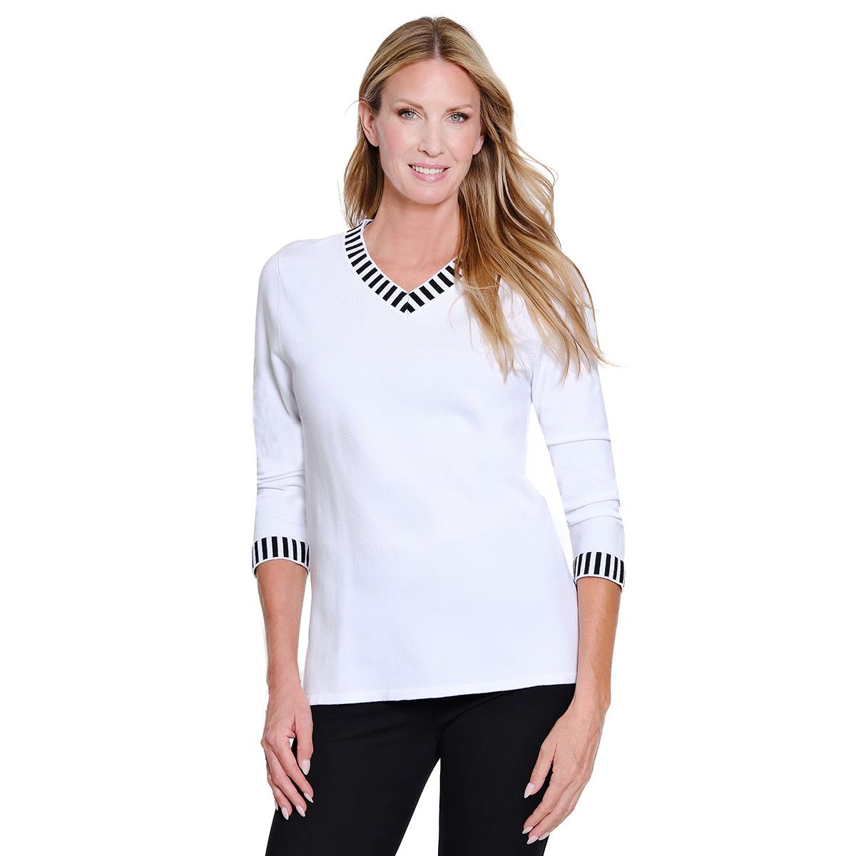 Click here for Petite Multiples 3/4 Sleeve Stripe Trim V Neck Swe... prices