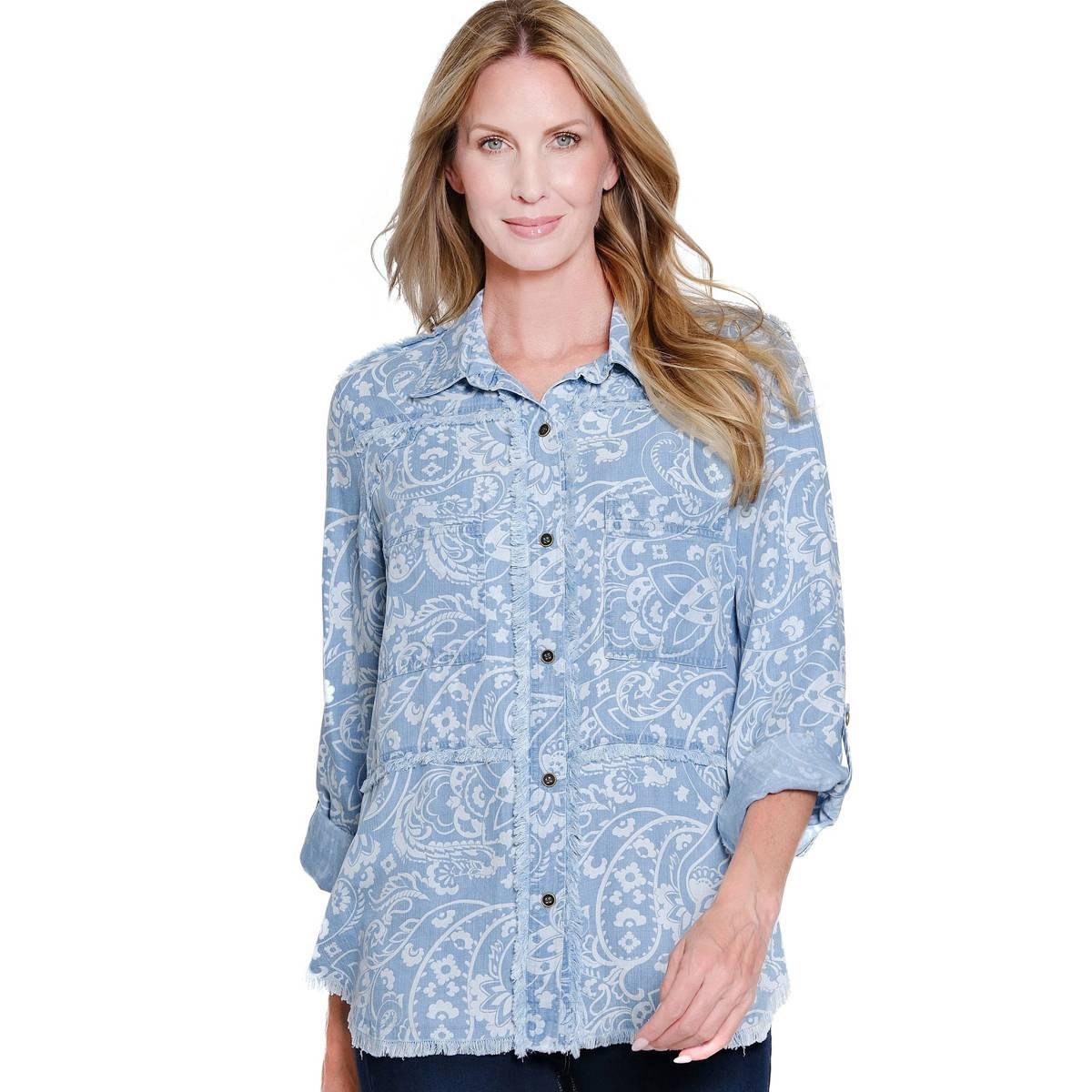 Click here for Petite Multiples Roll Tab Sleeve Button Front Pais... prices