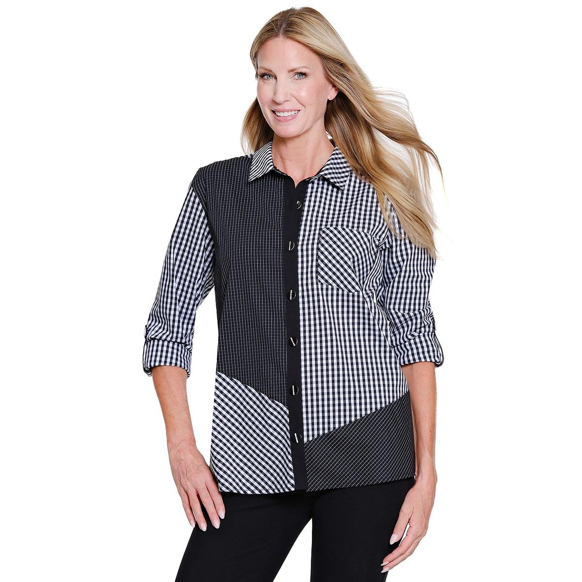 Click here for Petite Multiples Roll Tab Sleeve Plaid & Check Blo... prices