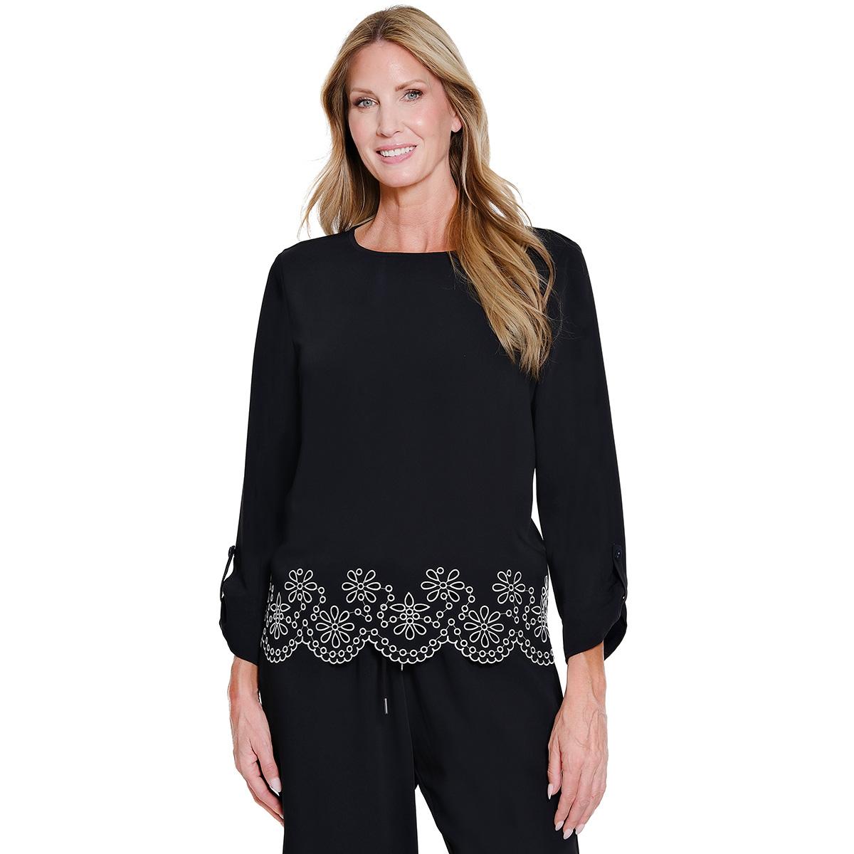 Click here for Petite Multiples Roll Tab Sleeve Scallop Hem Blous... prices