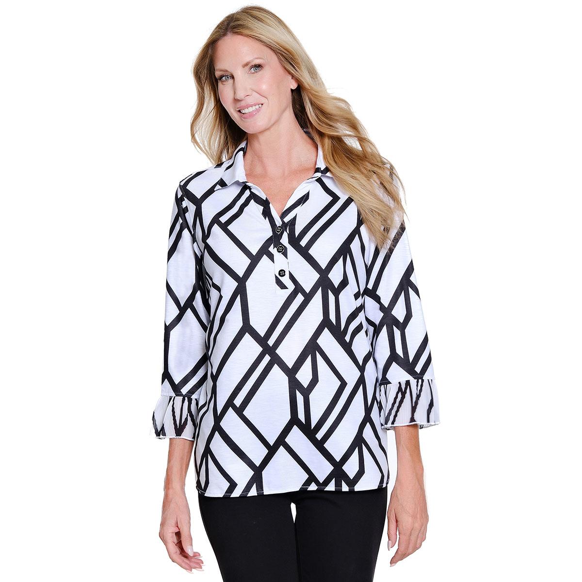 Click here for Womens Multiples 3/4 Flounce Sleeve Geometric Blou... prices
