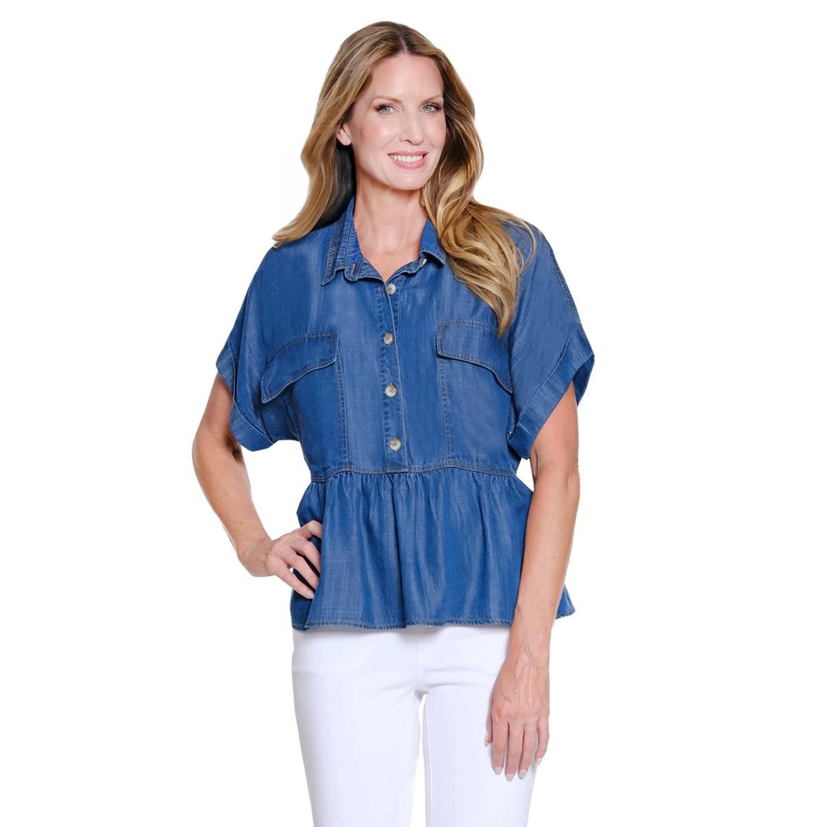 Click here for Petite Multiples Short Dolman Sleeve Peplum Denim... prices