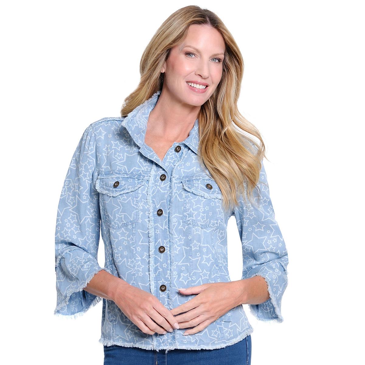 Click here for Petite Multiples 3/4 Flounce Sleeve Star Denim Jac... prices