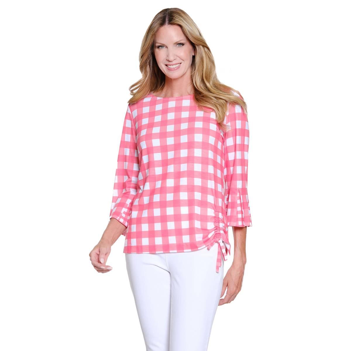 Click here for Womens Multiples 3/4 Sleeve Ruched Sided Checkered... prices