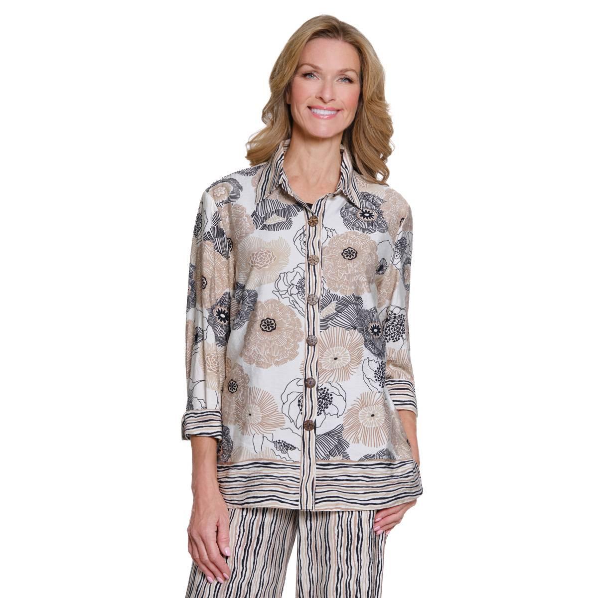 Click here for Womens Multiples 3/4 Sleeve Floral Stripe Button D... prices