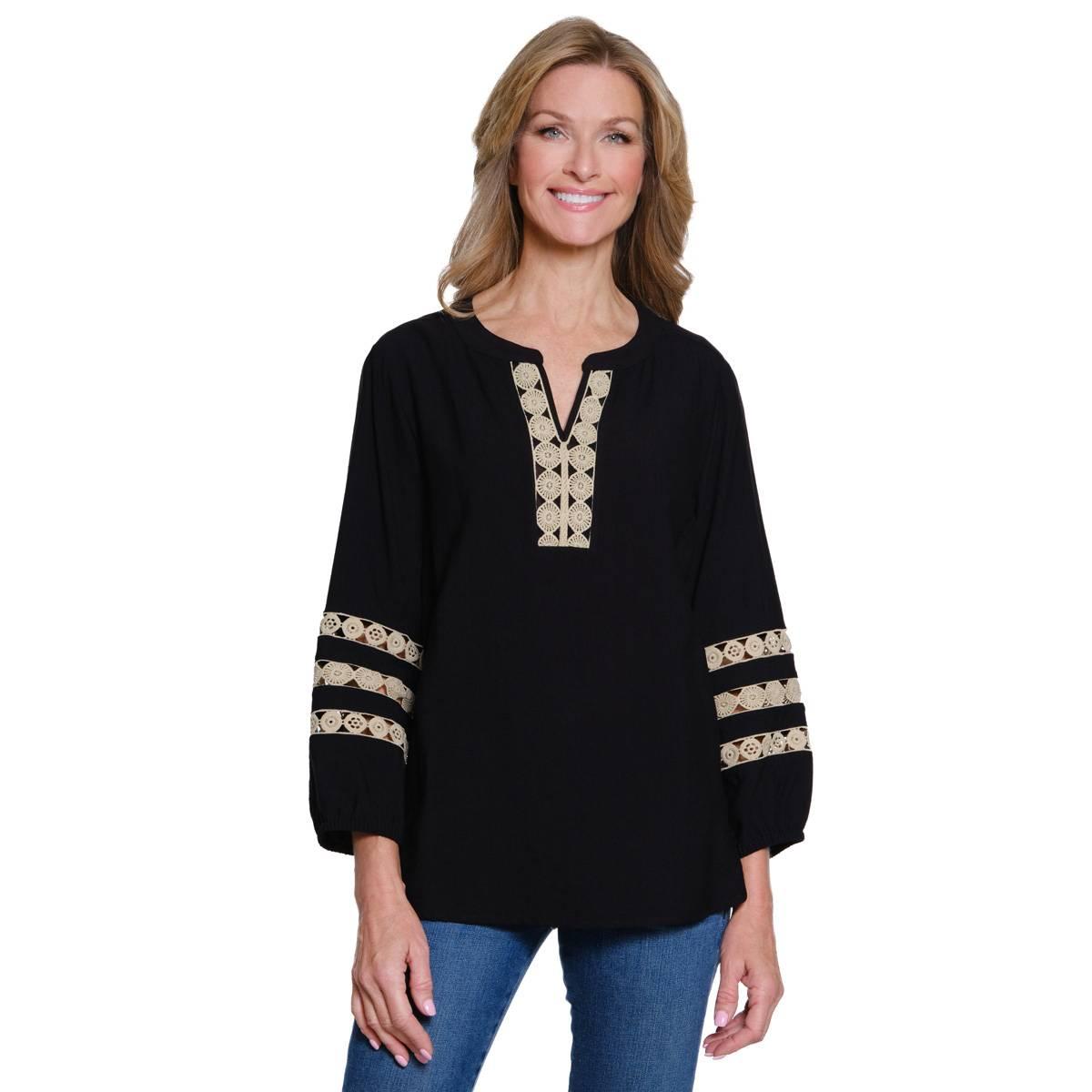 Click here for Womens Multiples Split Neck Trim Embellishment Blo... prices