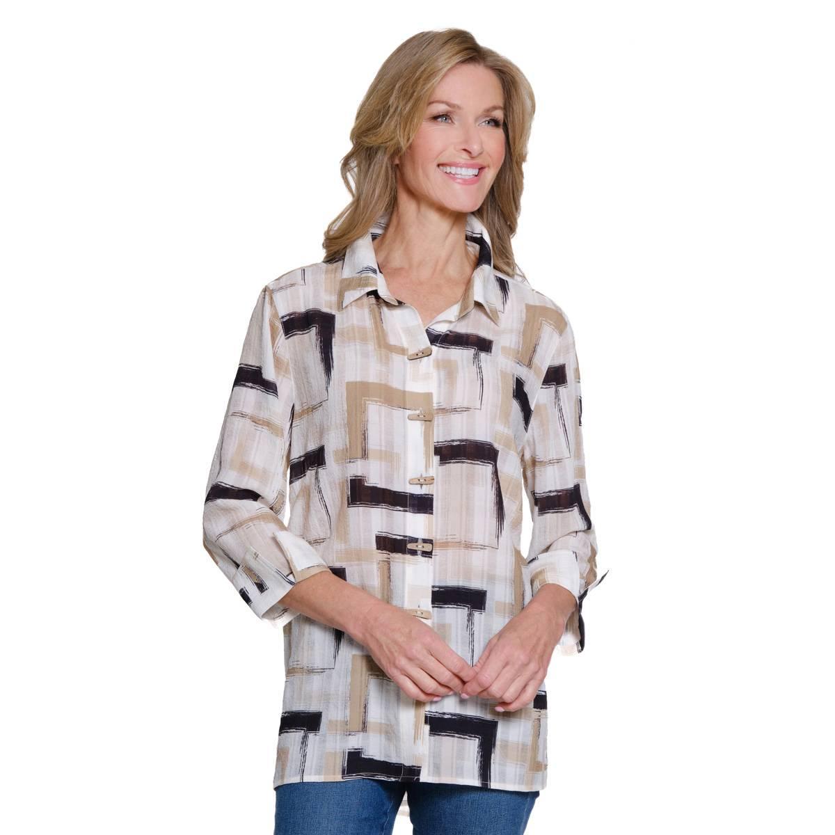 Click here for Womens Multiples 3/4 Cuff Sleeve Abstract Button F... prices