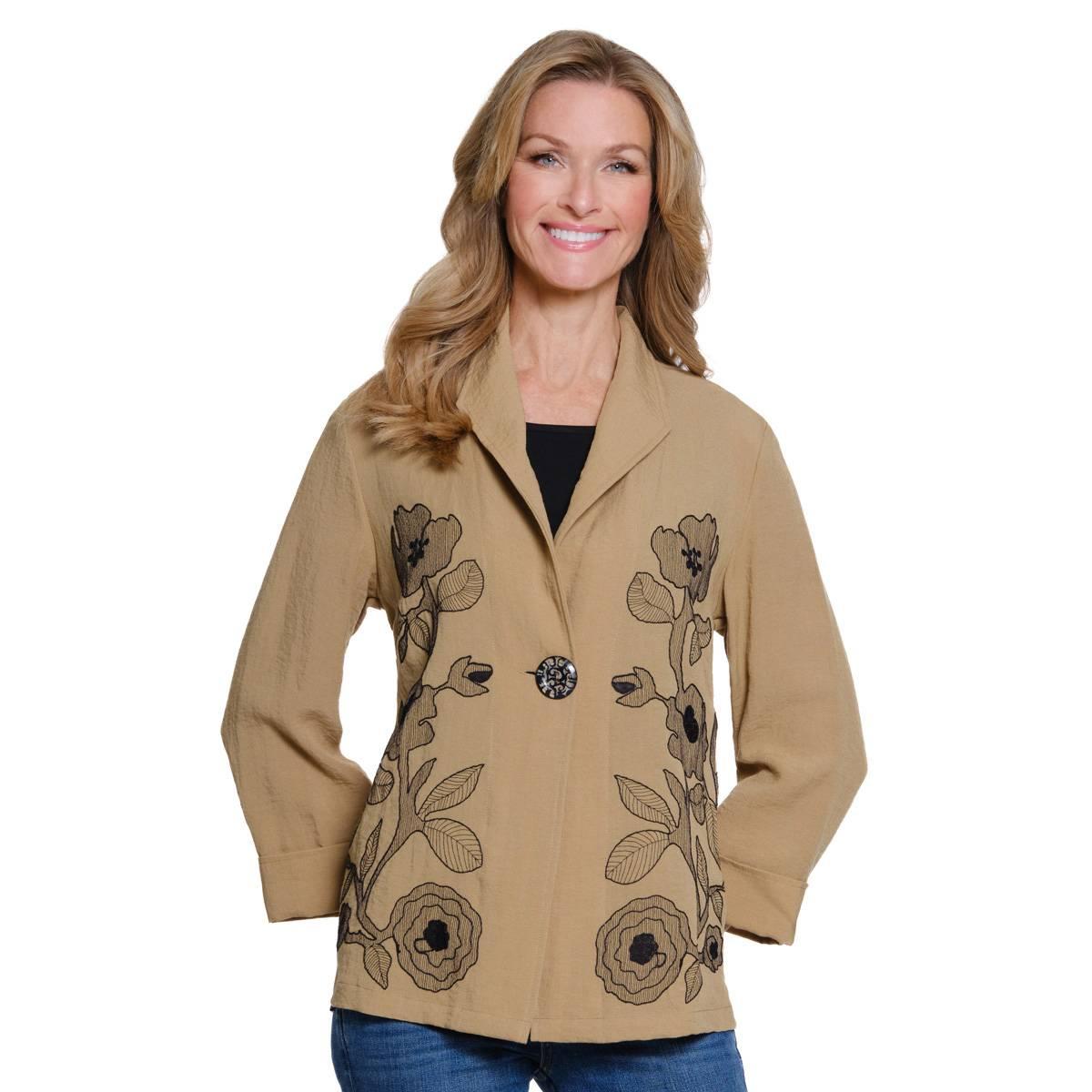 Click here for Womens Multiples Long Sleeve One Button Floral Emb... prices