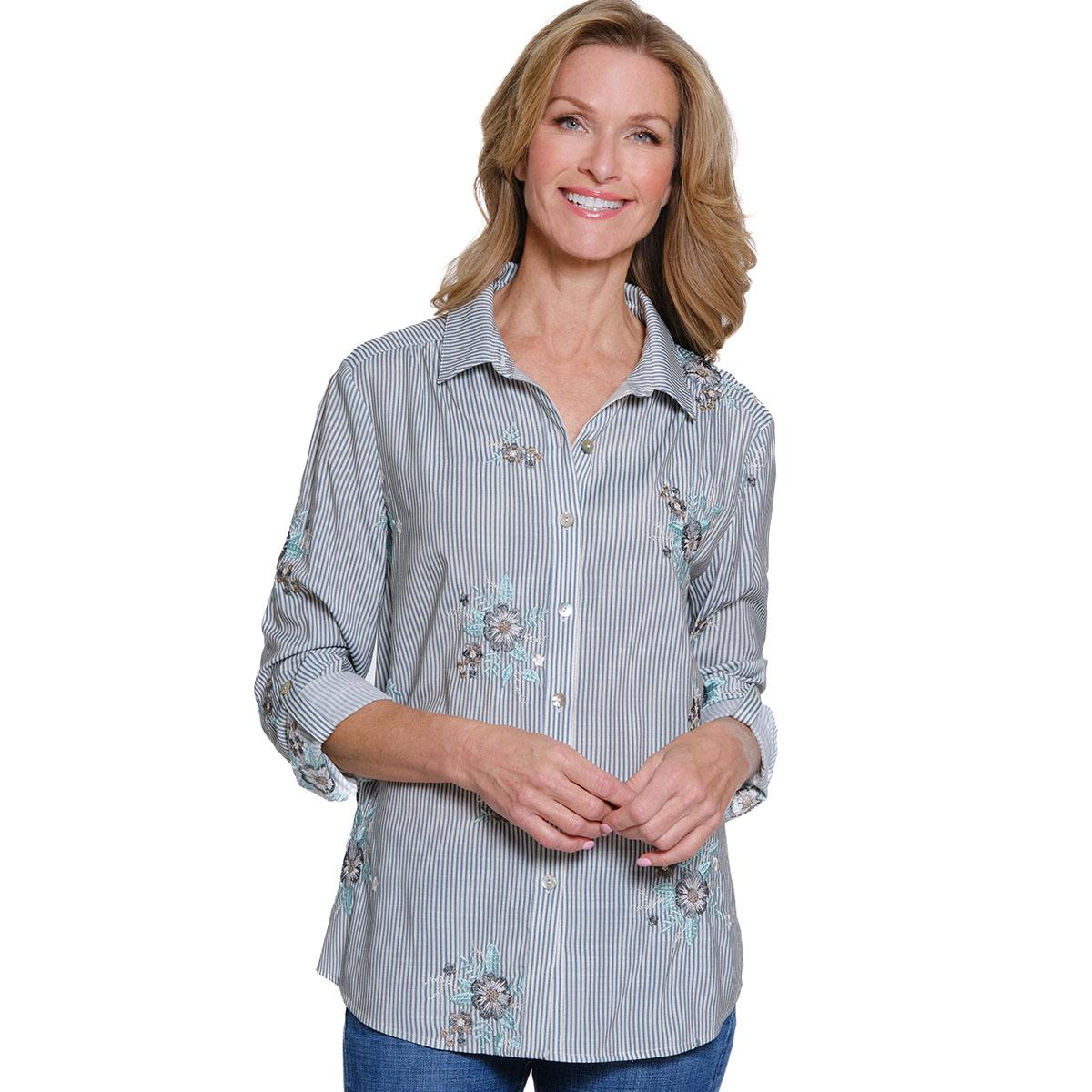 Click here for Petite Multiples Roll Tab Stripe Floral Embroidery... prices