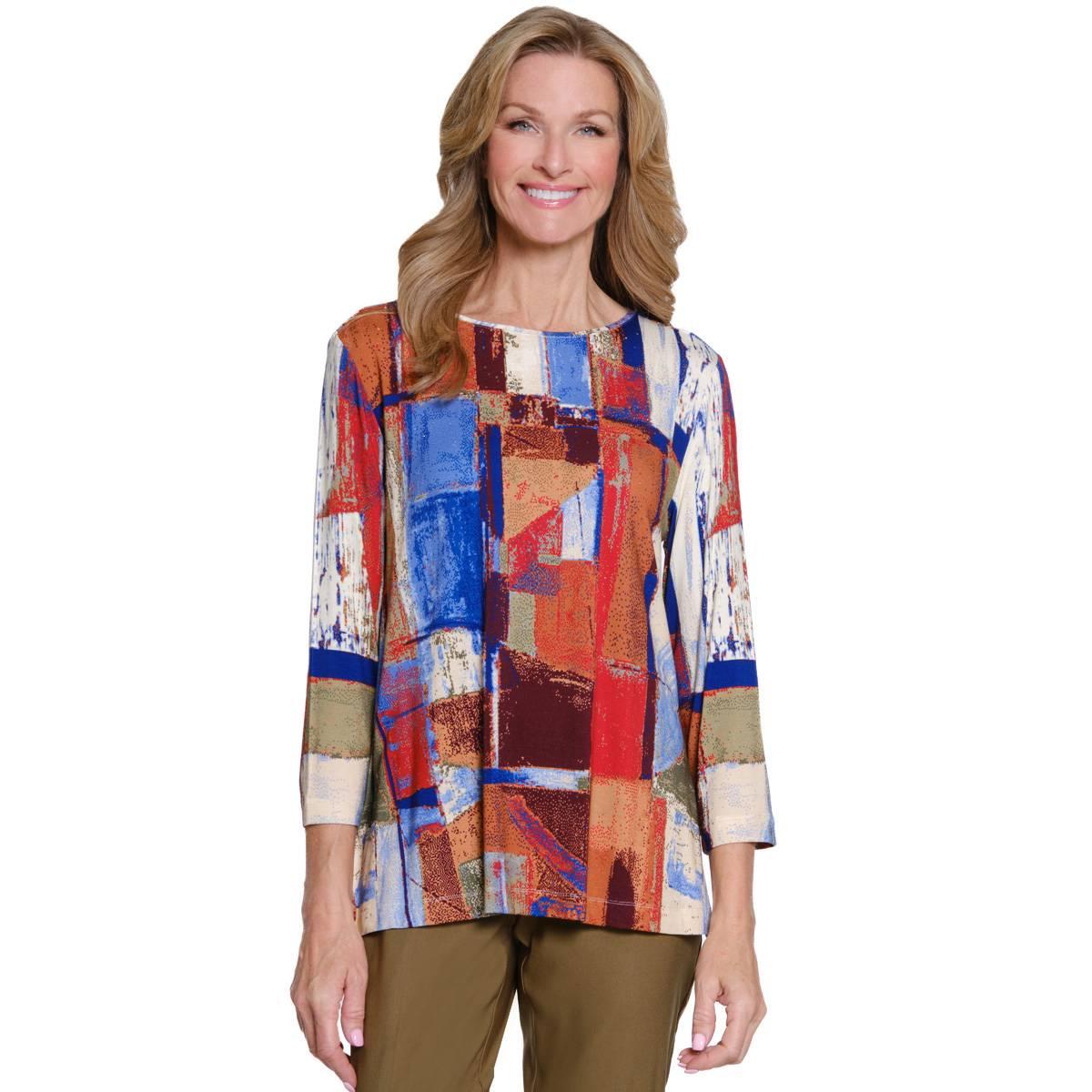 Click here for Womens Multiples 3/4 Sleeve Round Neck Abstract Bl... prices