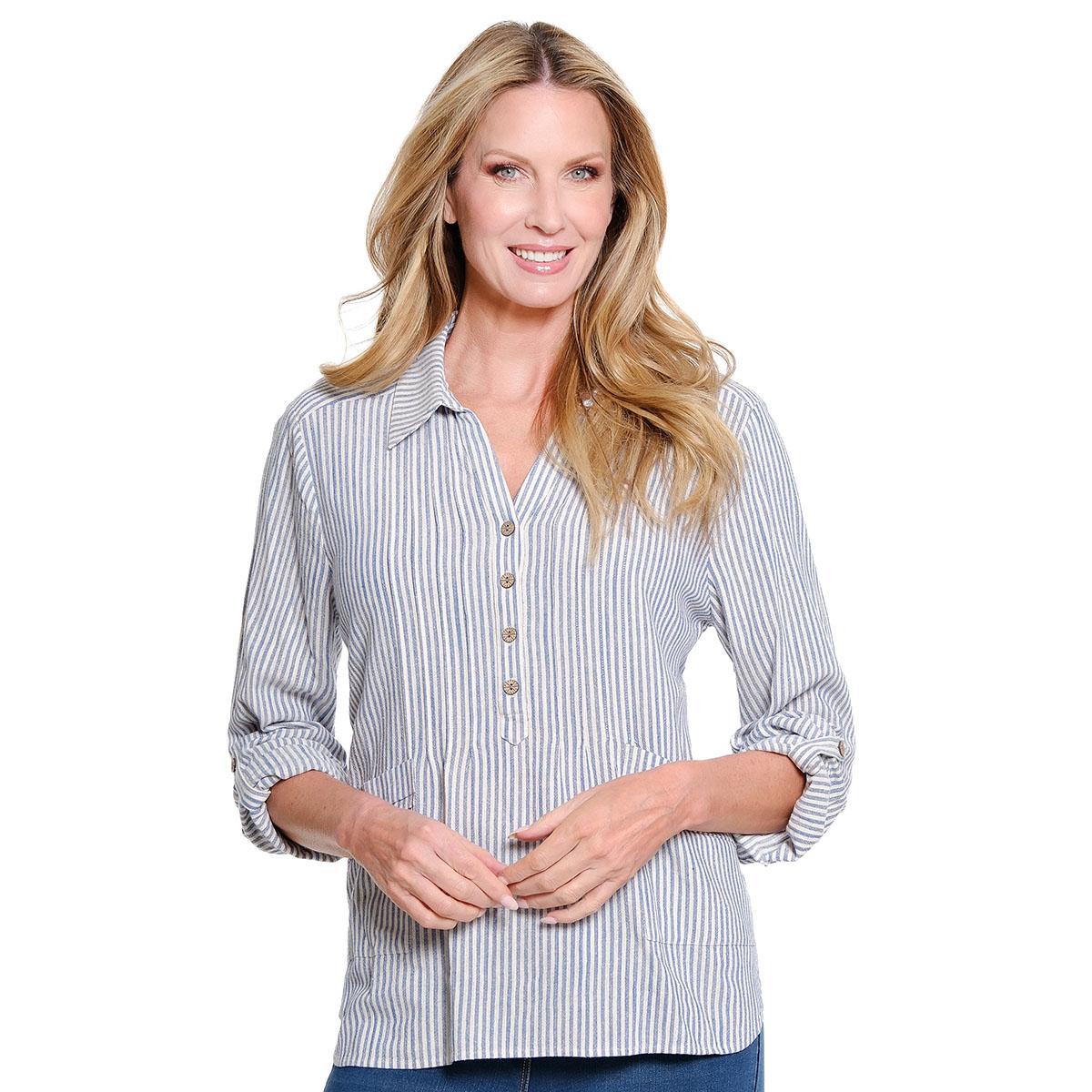 Click here for Womens Multiples Roll Tab Sleeve Stripe Linen Blou... prices