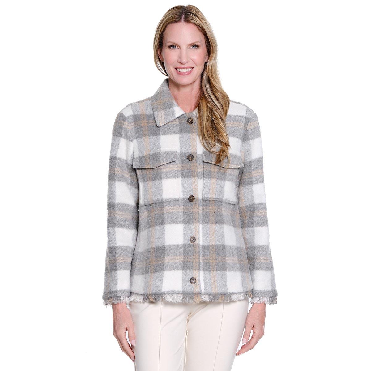 Click here for Petite Multiples Button Front Plaid Boucle Jacket prices