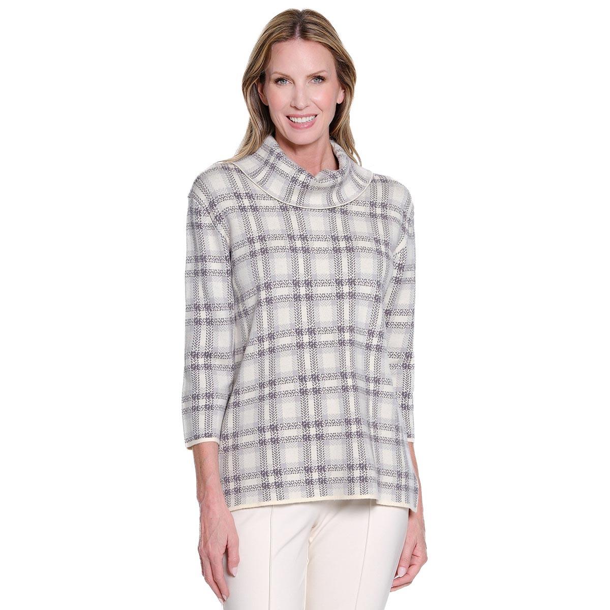 Click here for Petite Multiples 3/4 Sleeve Cowl Neck Plaid Sweate... prices