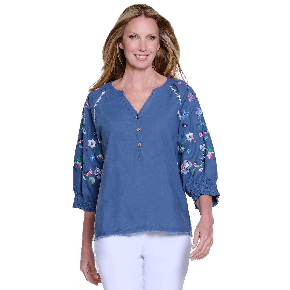 Click here for Plus Size Ali Miles 3/4 Floral Sleeve Split Neck F... prices