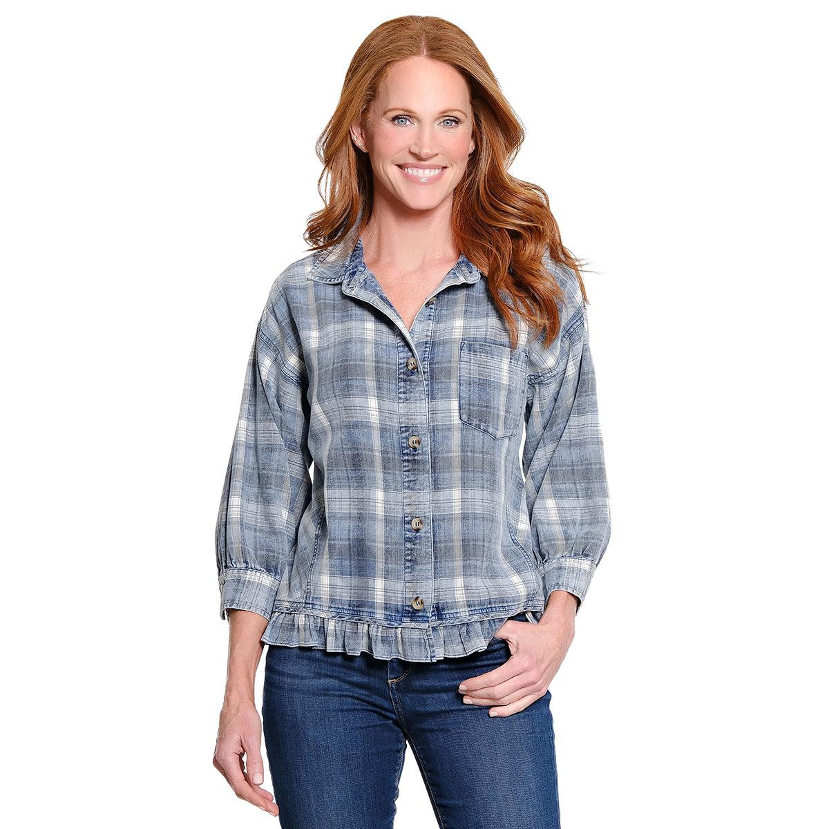 Click here for Petite Ali Miles 3/4 Sleeve Plaid Ruffle Hem Blous... prices