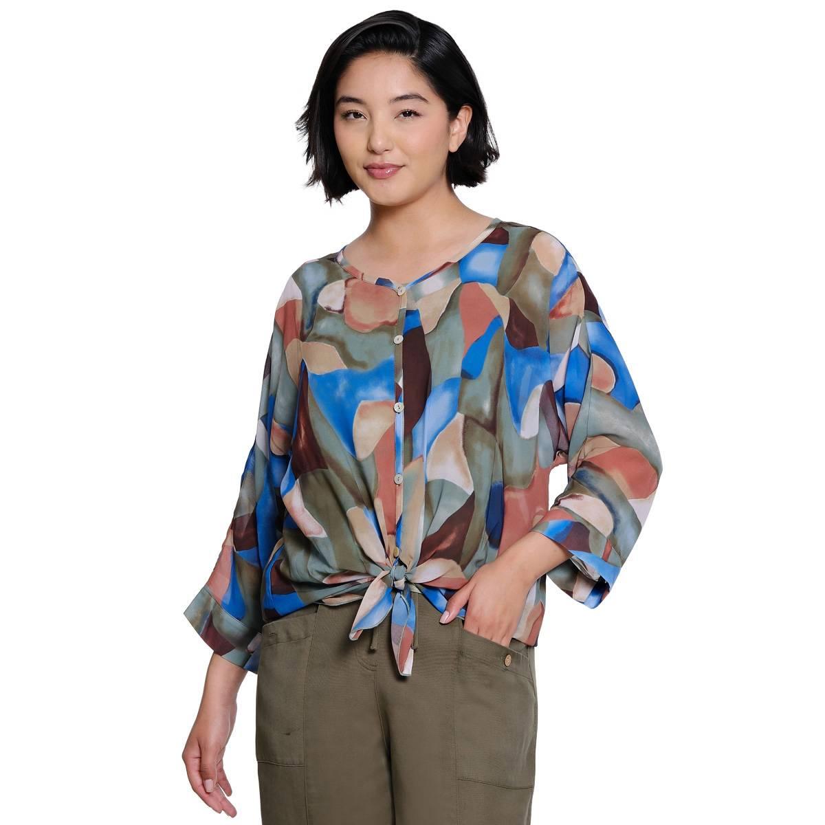 Click here for Plus Size Ali Miles 3/4 Sleeve Abstract Geo Button... prices