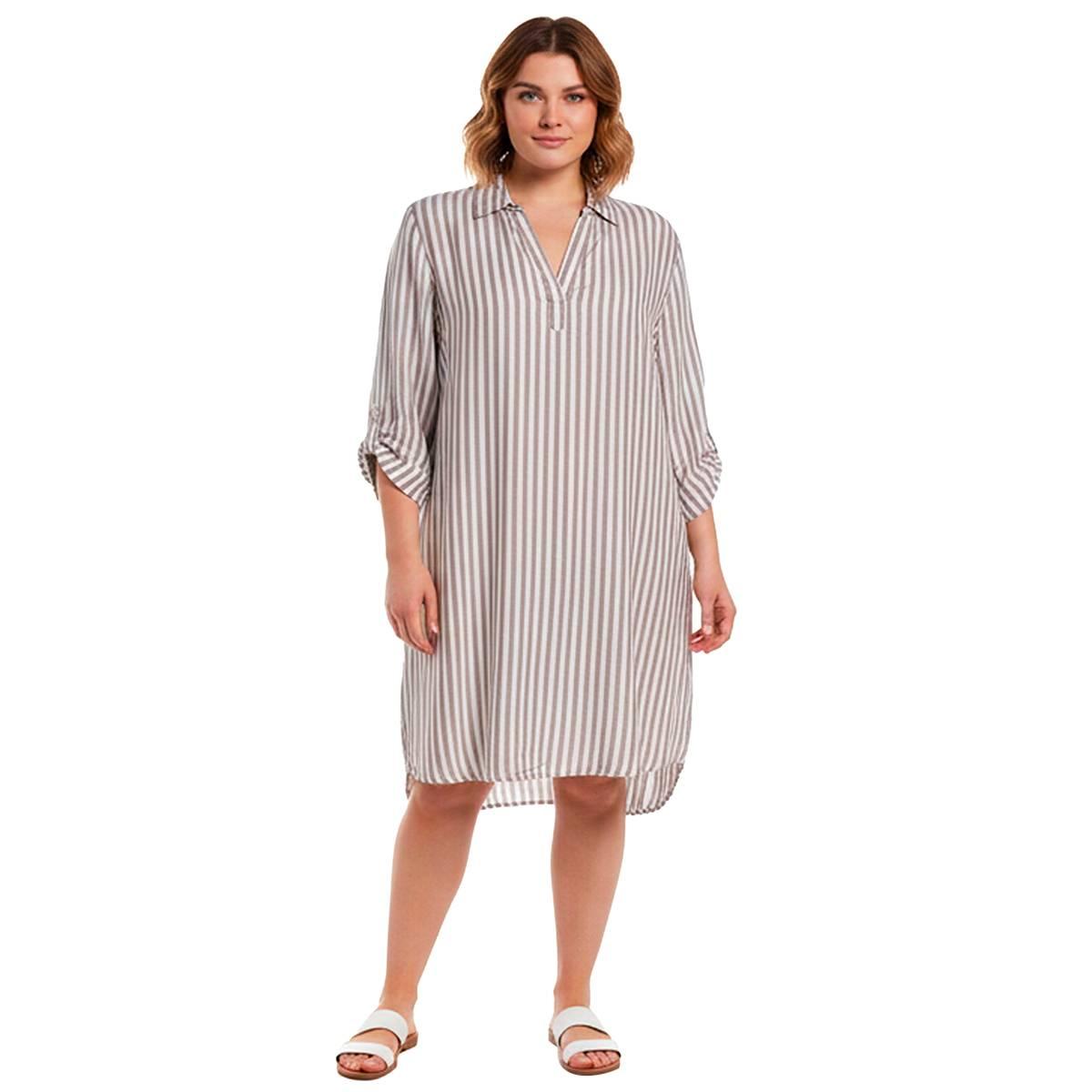 Click here for Plus Size da-sh 3/4 Roll Tab Sleeve Stripe Shift D... prices