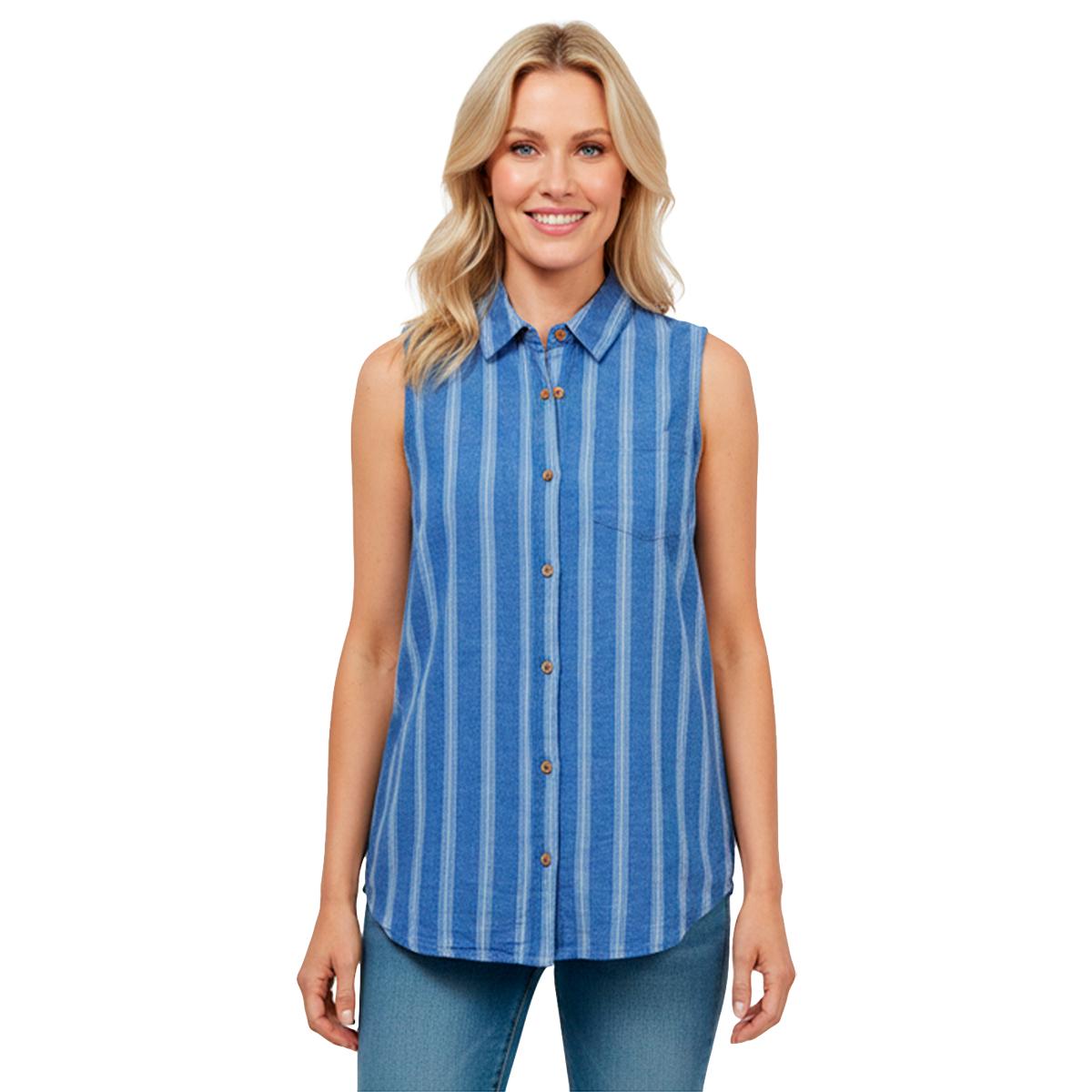 Click here for Plus Size Erika Sleeveless Pocket Stripe Button Fr... prices