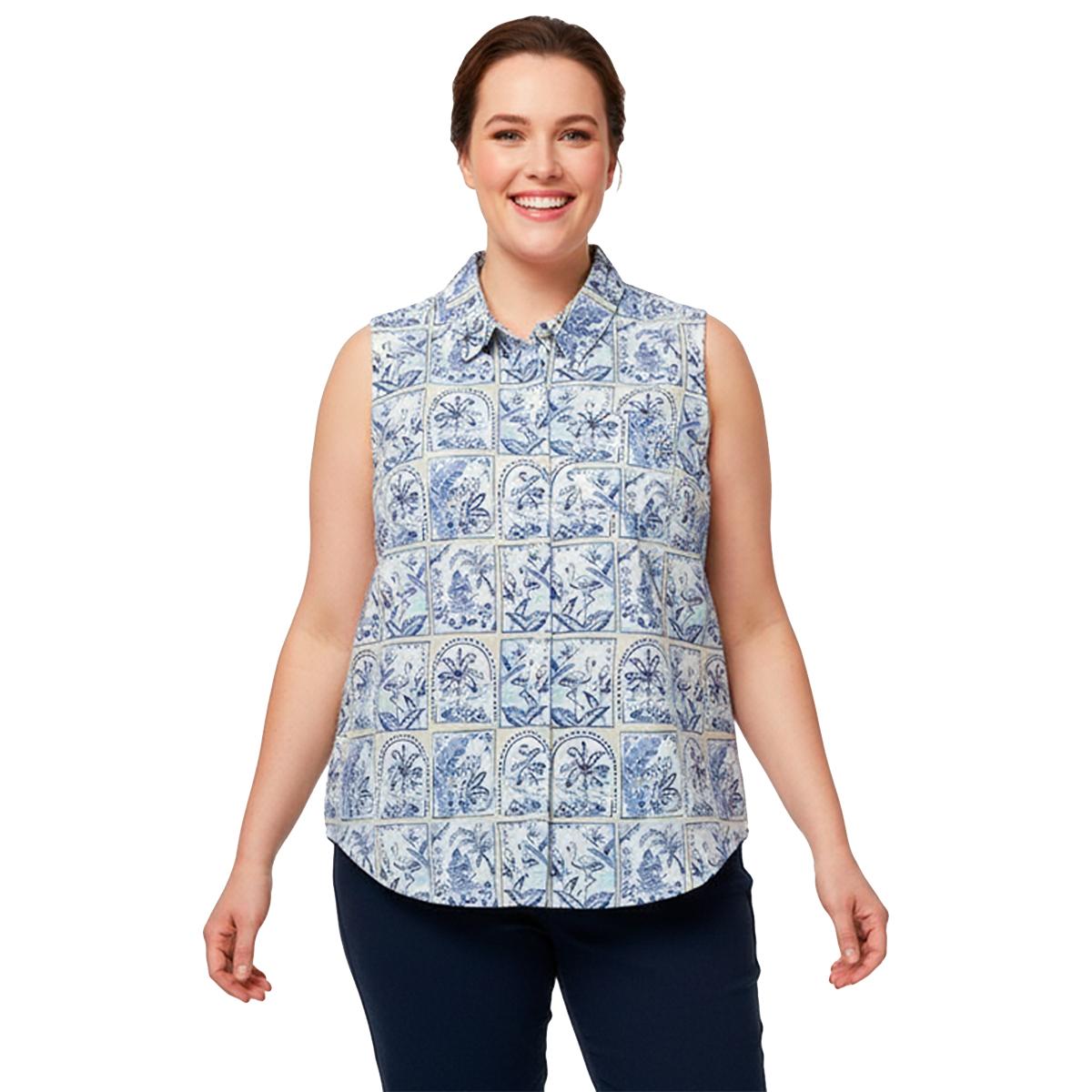 Click here for Plus Size Erika Sleeveless Tropical Postcard Butto... prices