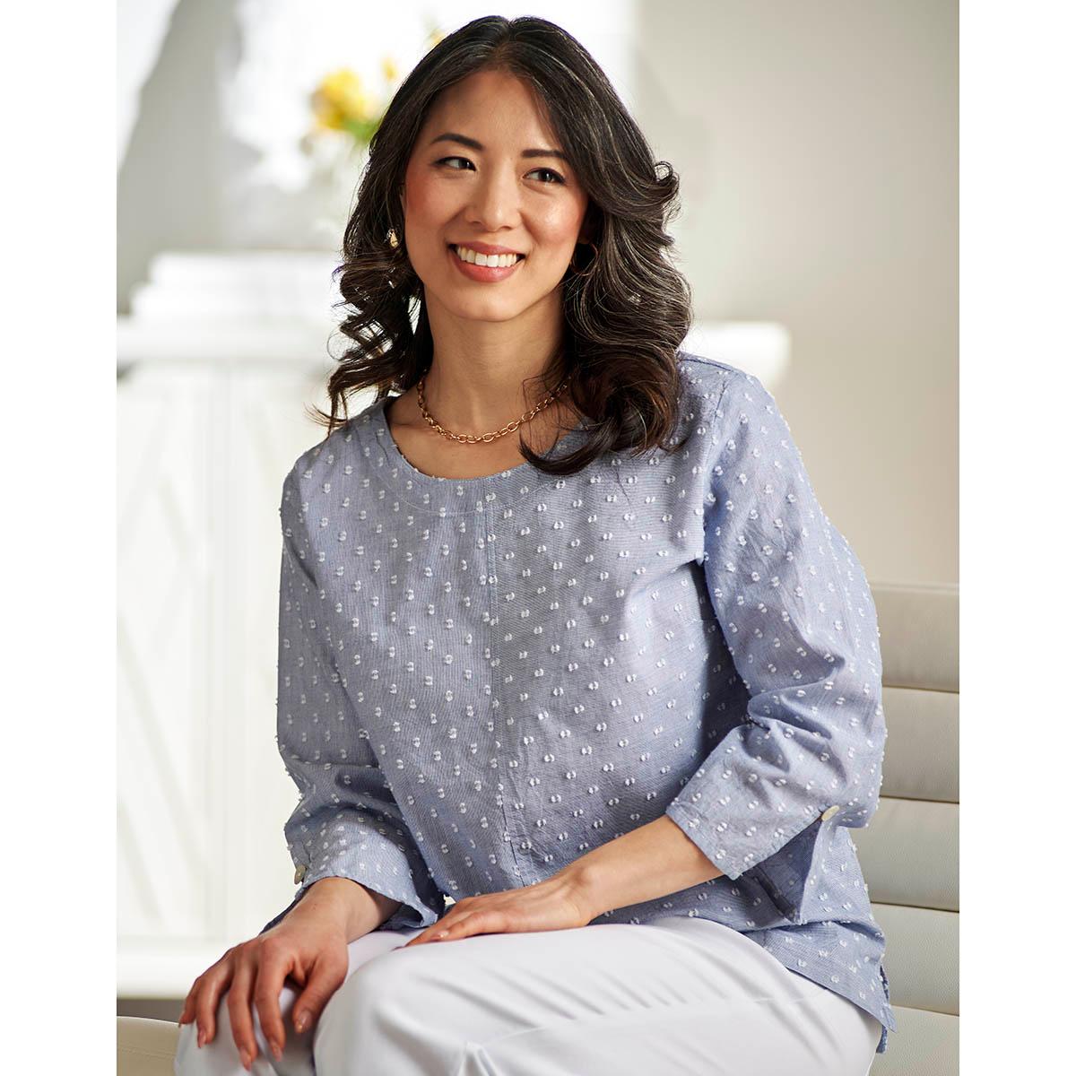 Click here for Petite Erika Becca 3/4 Sleeve Clip Dot Blouse prices