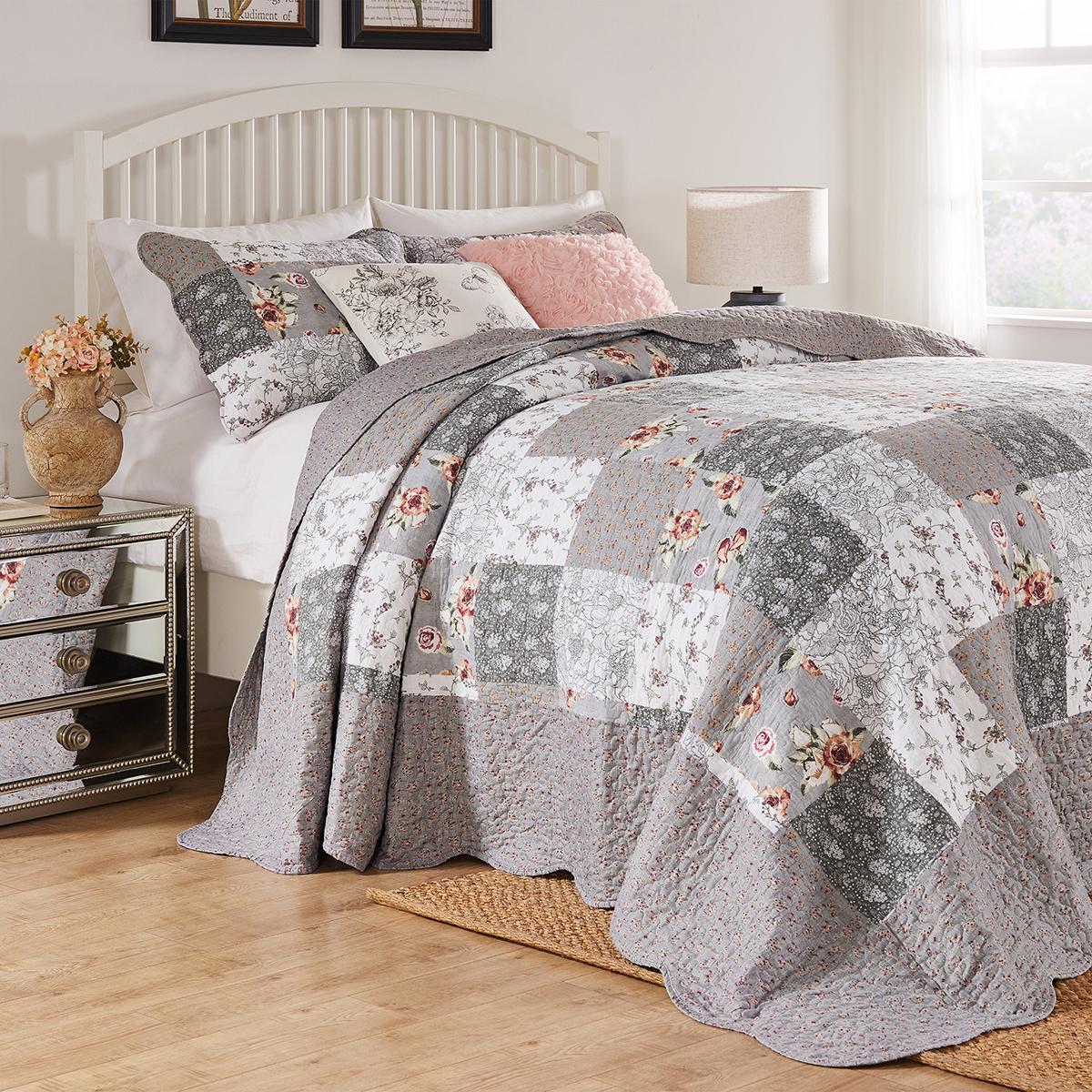 Greenland Home Fashions Giulia Floral Print 3-Pc. Bedspread Set  King - Gray