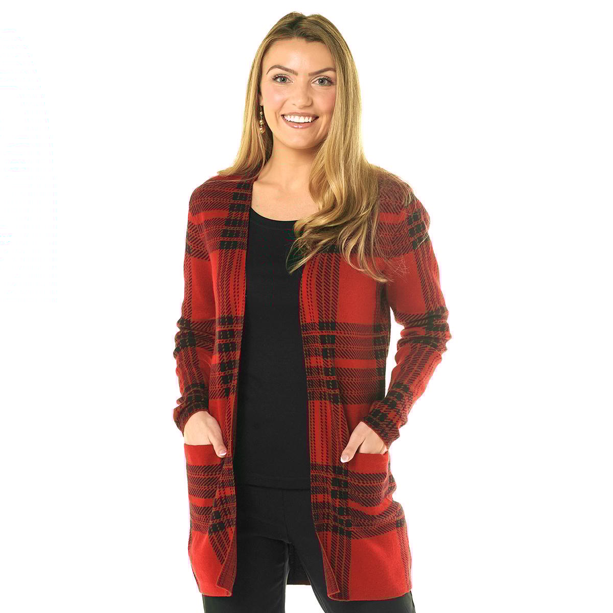 Click here for Womens 89th & Madison Two Pocket Plaid Open Front... prices