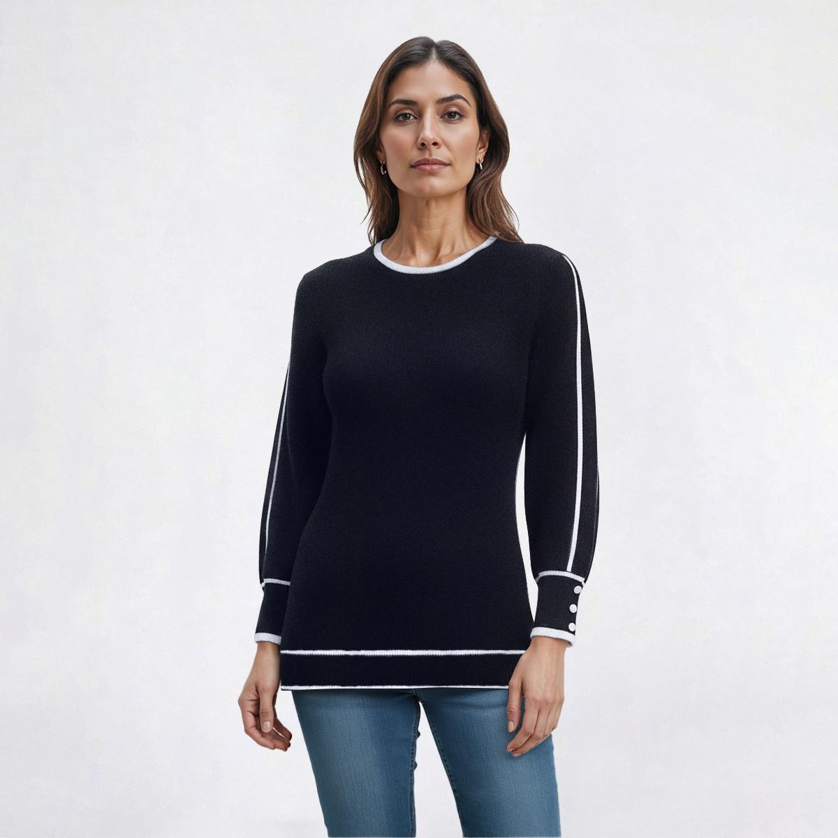 Click here for Petite Retrology 3/4 Sleeve Solid Crew Neck Tipped... prices