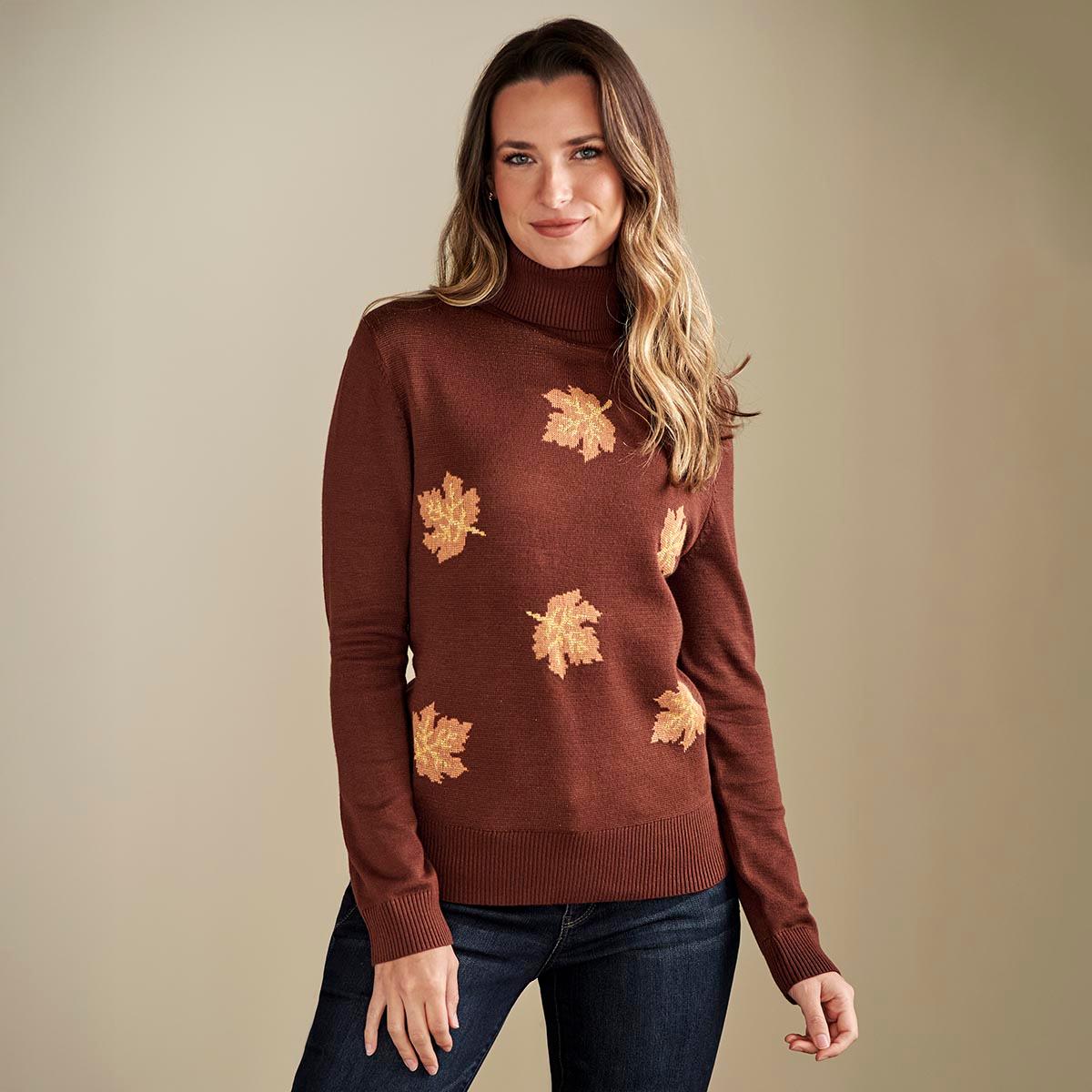Click here for Petite Retrology Long Sleeve Tossed Leaf Turtlenec... prices
