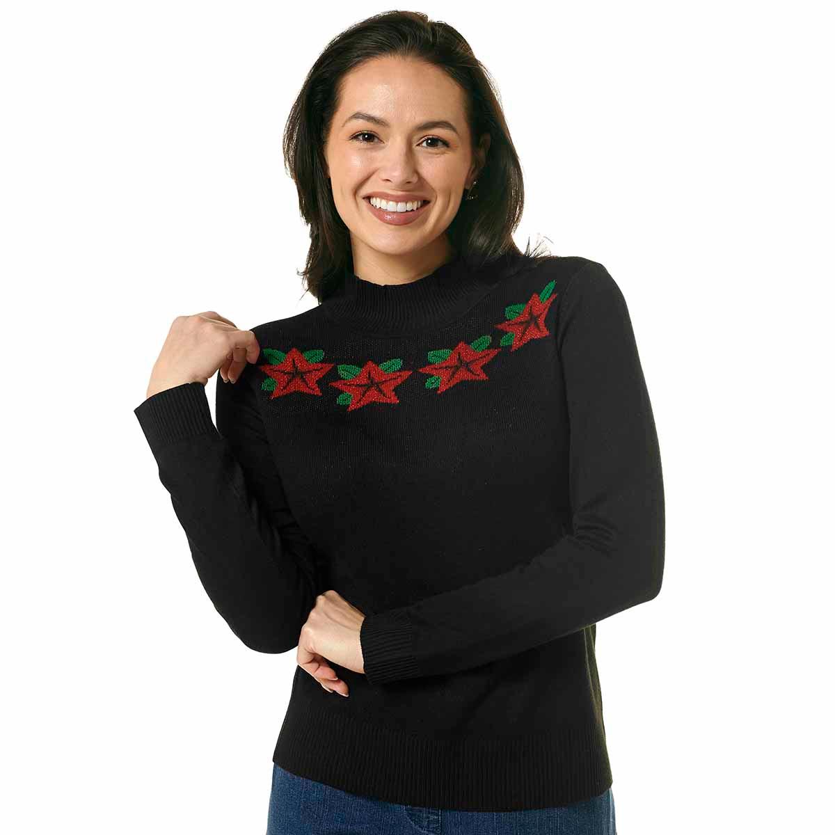 Click here for Womens Retrology Long Sleeve Mock Neck Poinsettia... prices