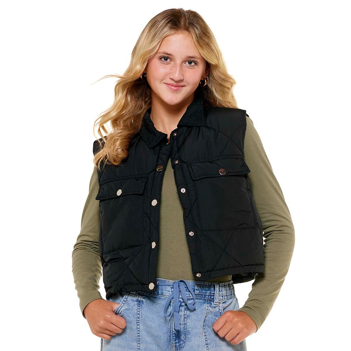 Click here for Juniors Love Me Now Button Front Puffer Vest with... prices