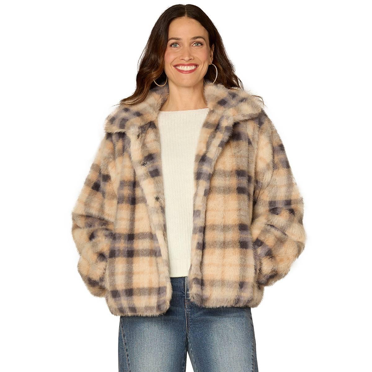 Click here for Womens Democracy Button Front Plaid Faux Fur Jacke... prices