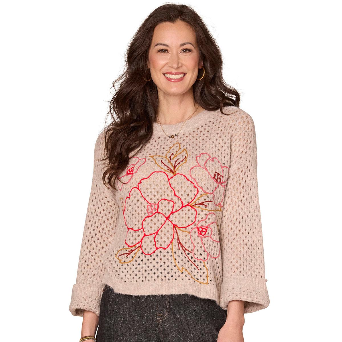 Democracy Petite Floral Round Neck Sweater - Heather Li