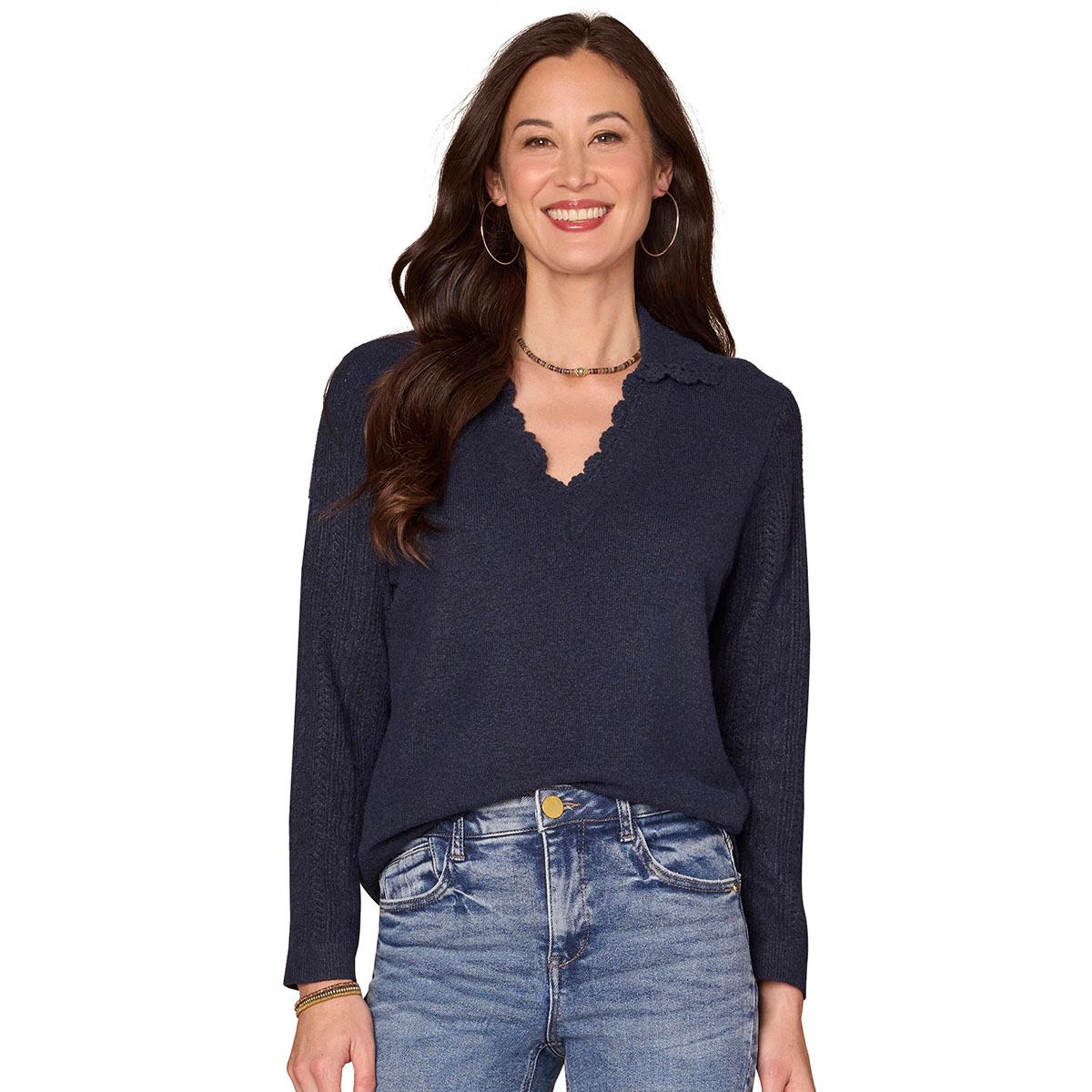 Click here for Womens Democracy Long Sleeve Crochet Scallop V Nec... prices