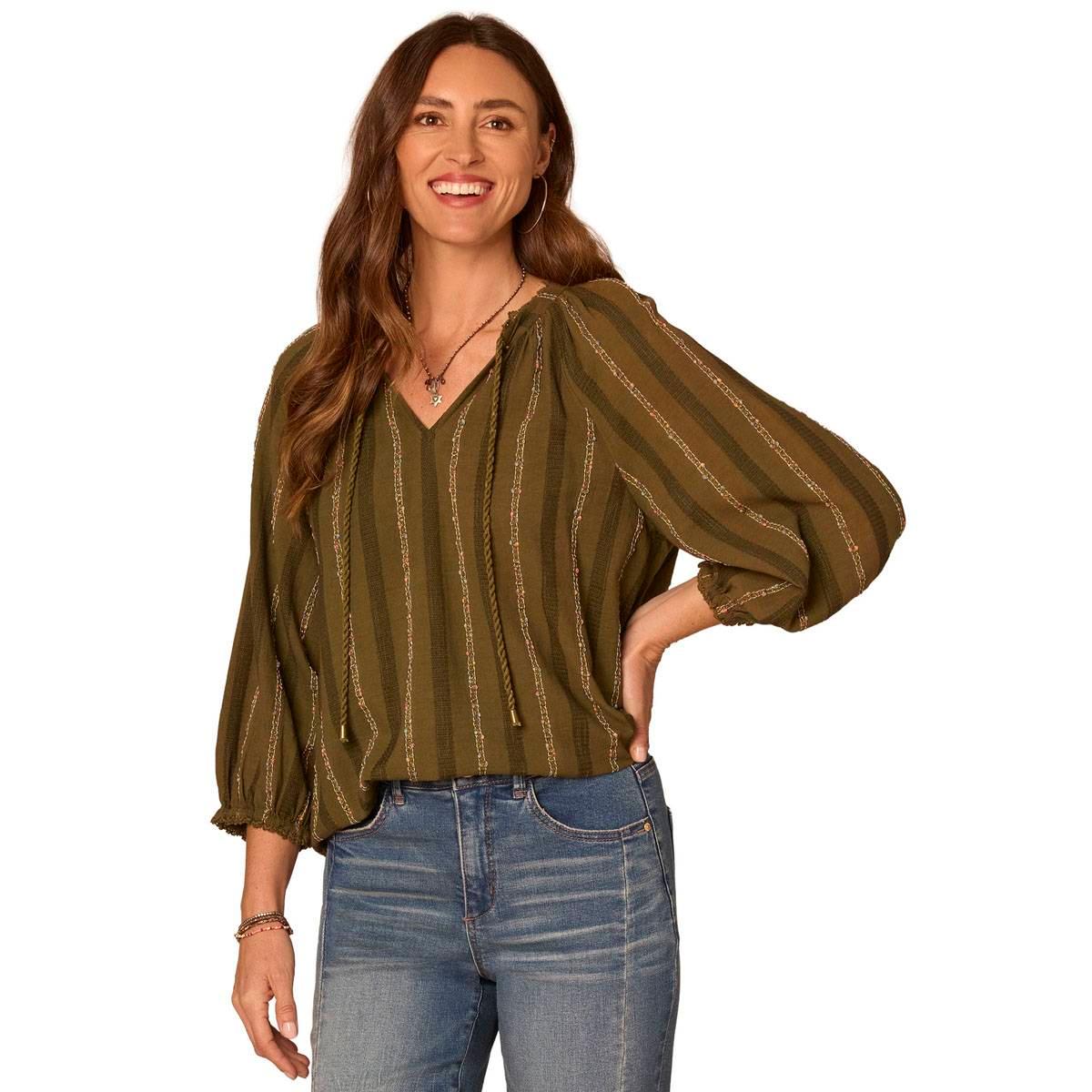 Click here for Womens Democracy 3/4 Sleeve Embroidered Stripe Blo... prices
