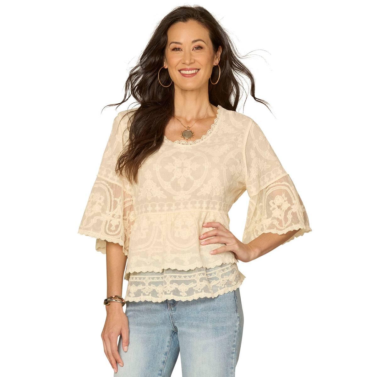 Click here for Plus Size Democracy 3/4 Bell Sleeve Embroidered Pe... prices