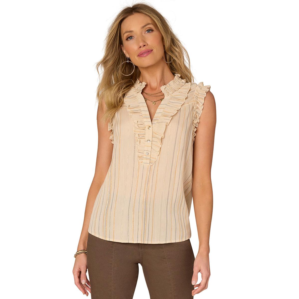 Click here for Womens Democracy Sleeveless Lurex Stripe Ruffle Bl... prices