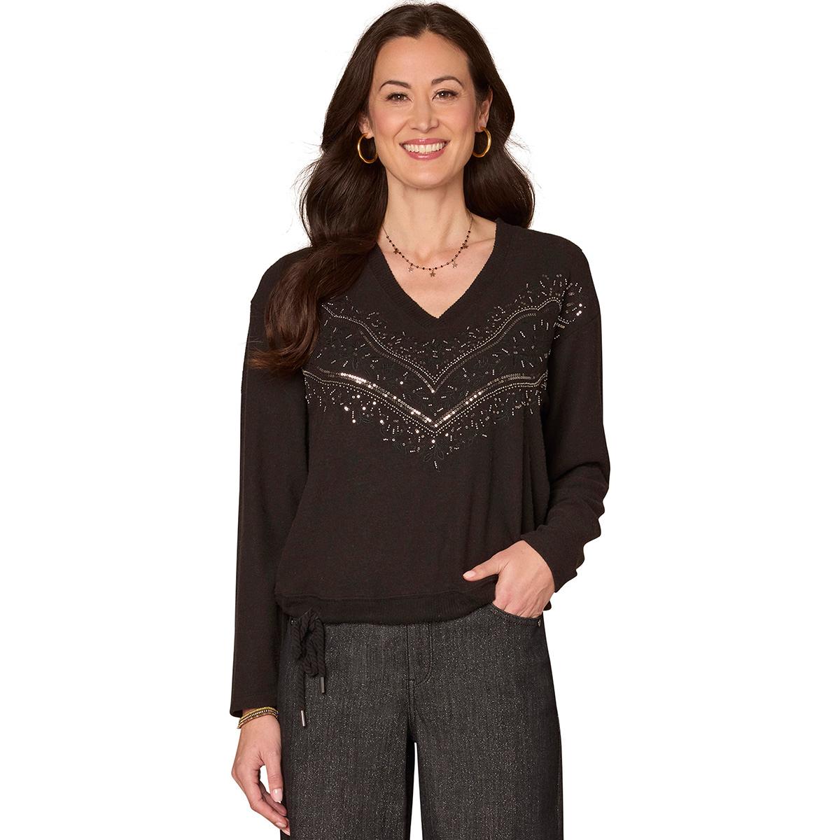 Click here for Womens Democracy Long Sleeve V Neck Embroidery Seq... prices