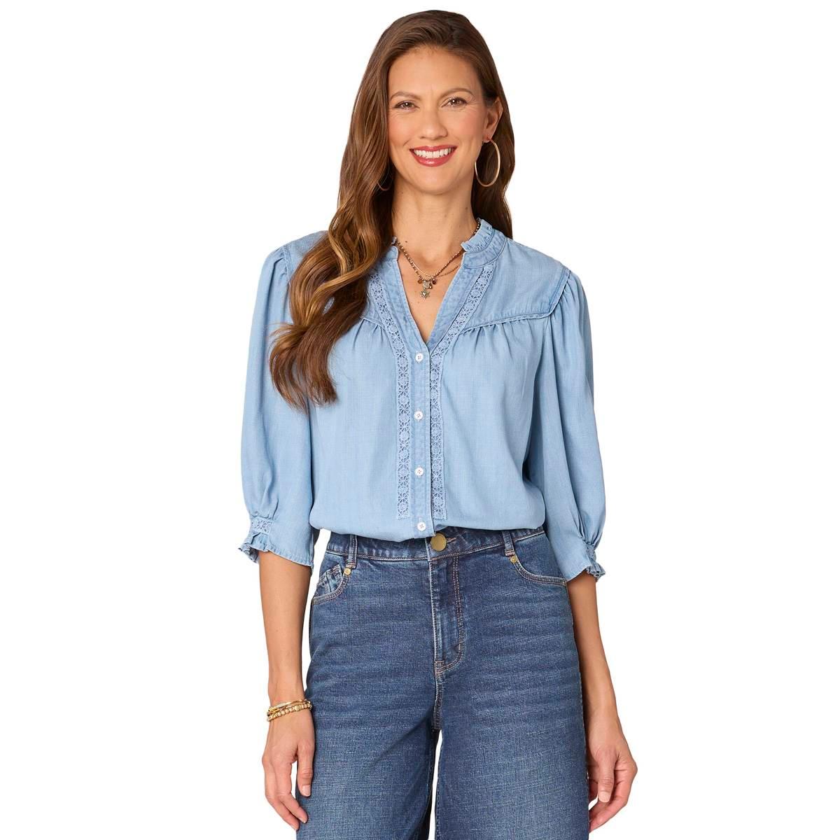 Democracy Womens Cinched Band Sleeve Collared Shirt - Light Blue