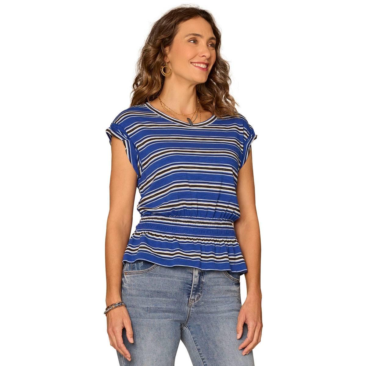 Click here for Womens Democracy Roll Cuff Cap Sleeve Stripe Peplu... prices