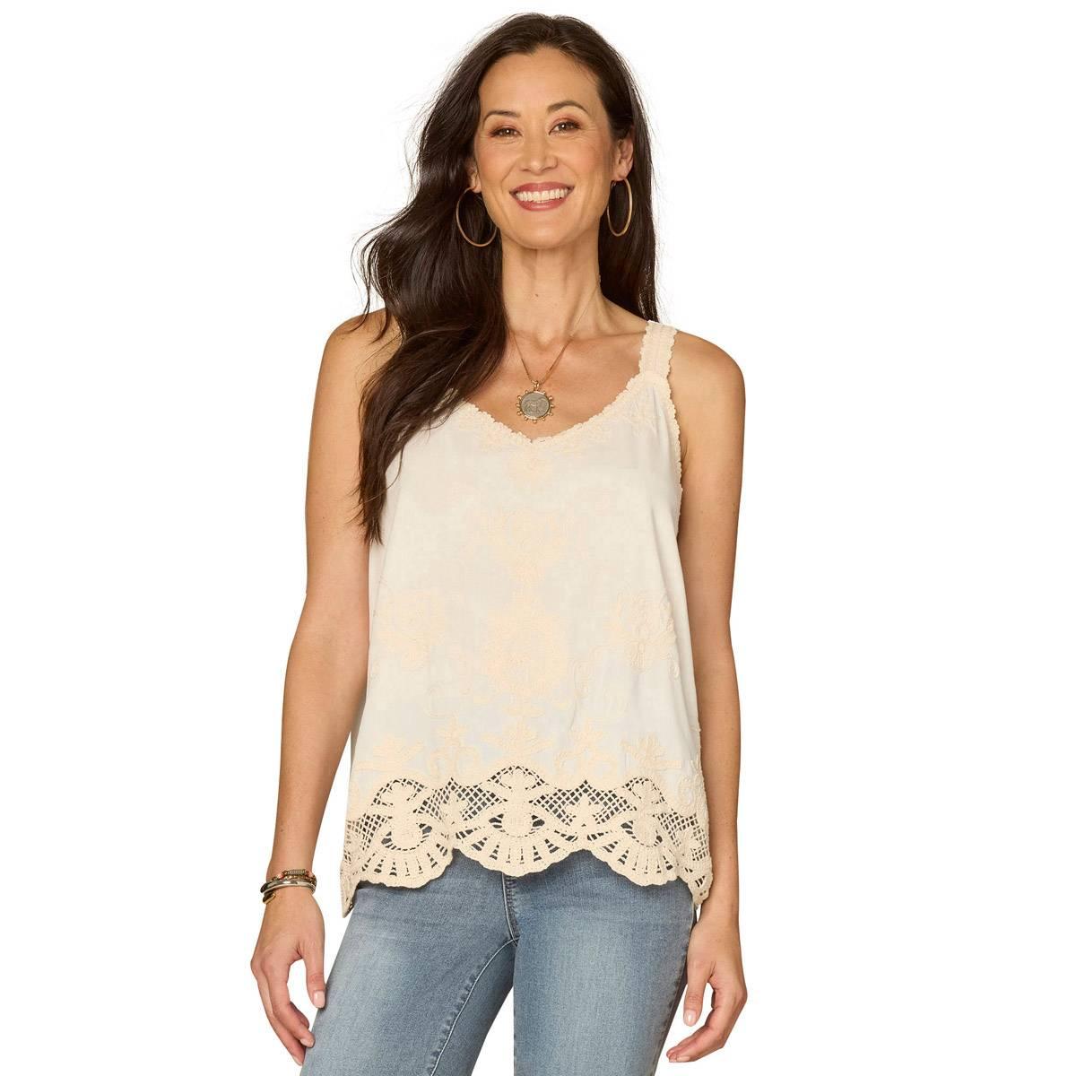 Click here for Womens Democracy Scallop Edge Lace Embroidered Tan... prices